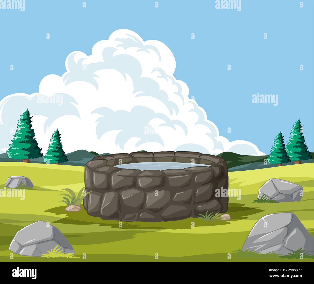 Vector illustration of a well amidst a tranquil nature scene Stock ...