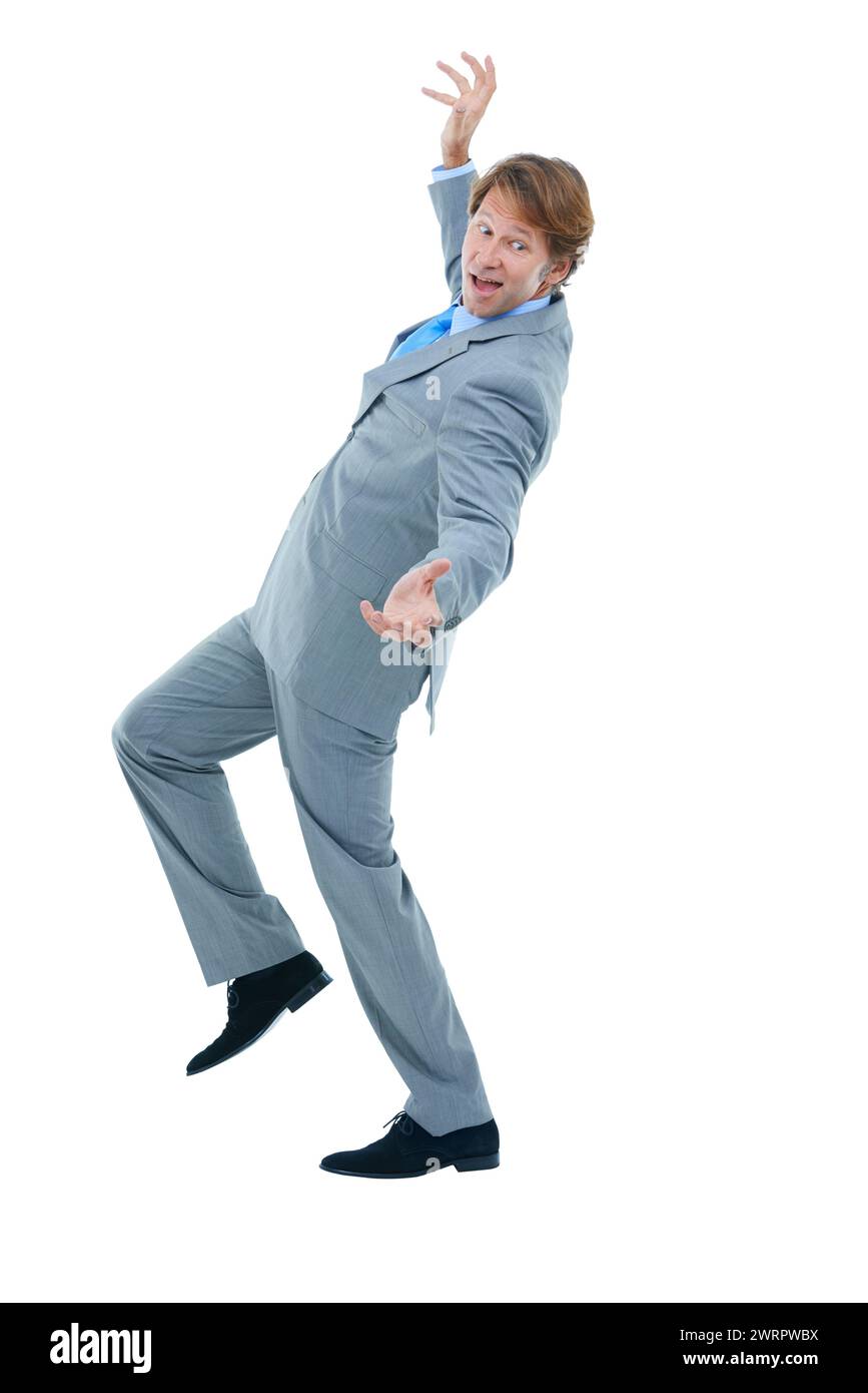 Business, fall and man with mistake, accident or employee isolated on ...