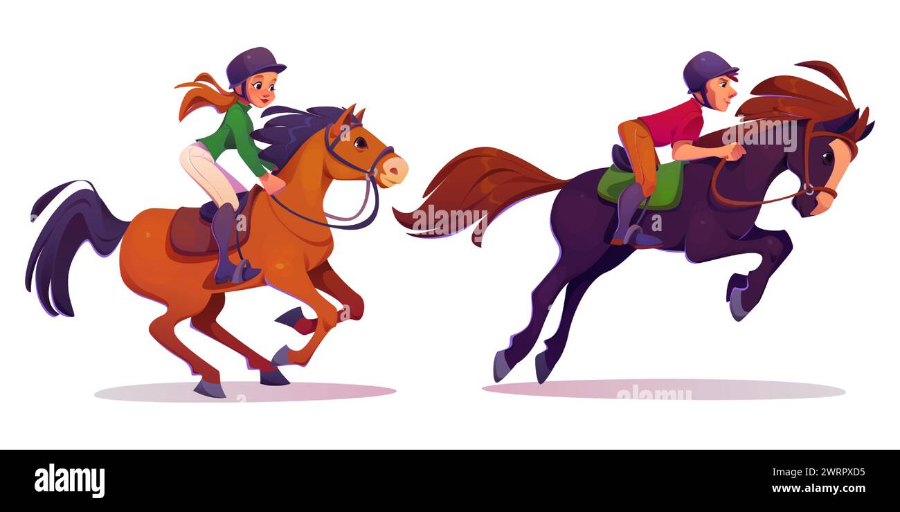 Horse rider man and woman in equipment. Cartoon vector illustration set ...
