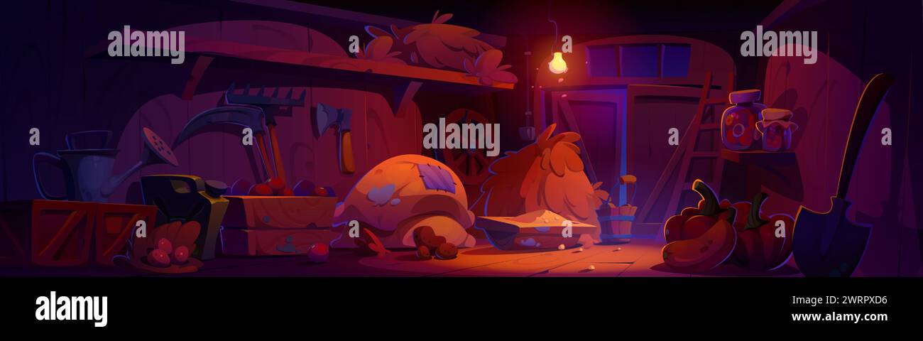 Farm barn inside with tools and crop at night. Cartoon vector ...
