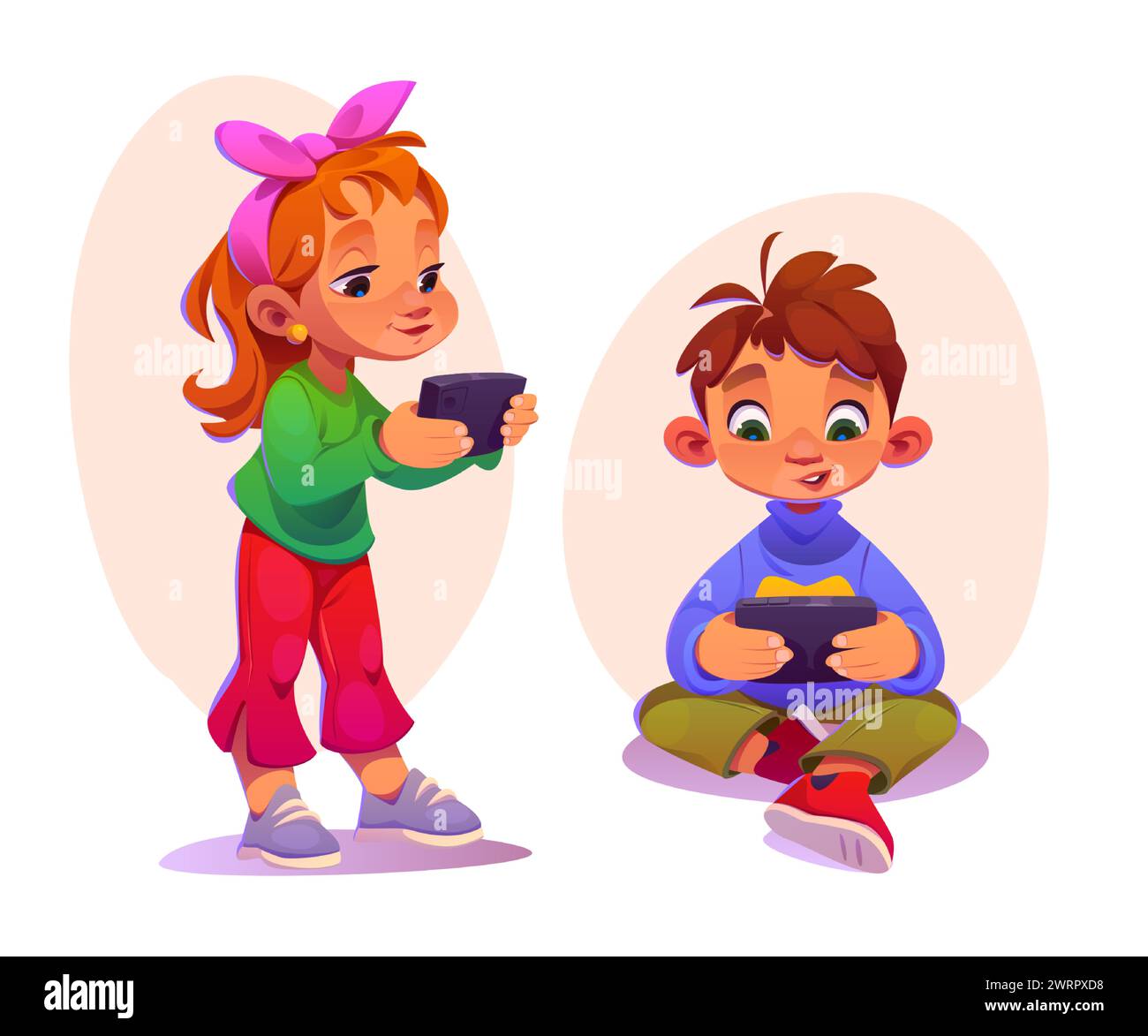 Kids playing with mobile phone. Cartoon vector illustration set of cute ...