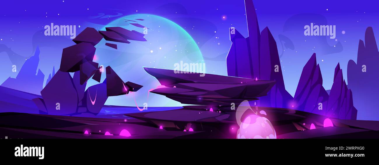 Alien planet landscape. Vector cartoon illustration of space adventure ...