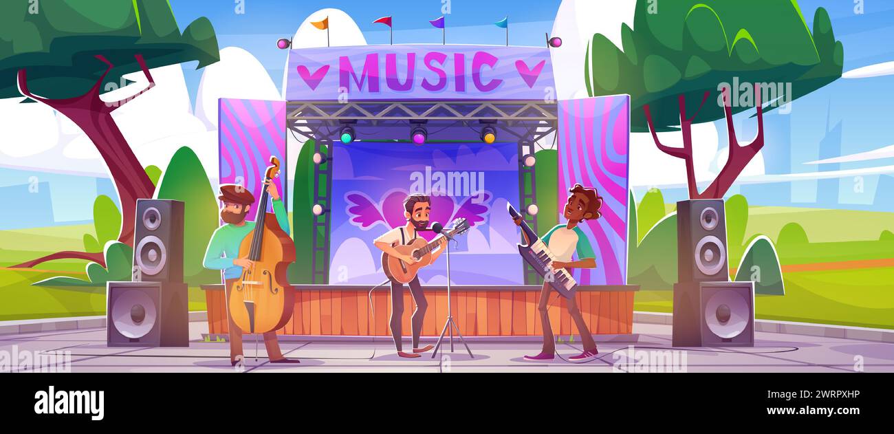 Open air music festival - male band plays and sings in city park with ...