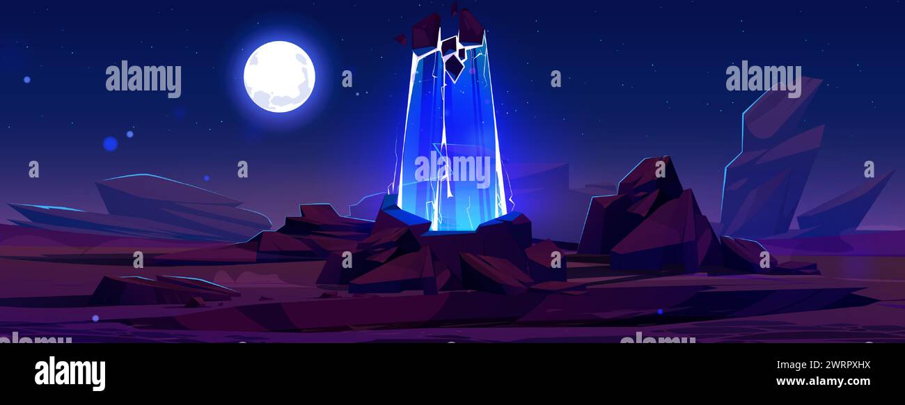 Blue magic portal on fantasy space game landscape background. Adventure ...