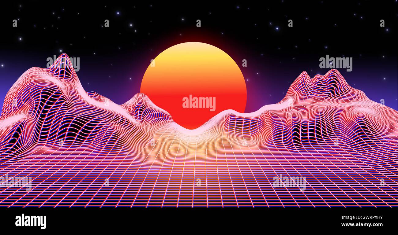 Synthwave background with abstract neon glow grid mountain landscape ...