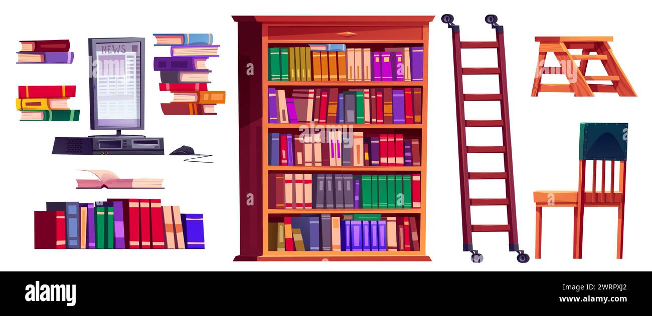 Library furniture set isolated on white background. Vector cartoon ...