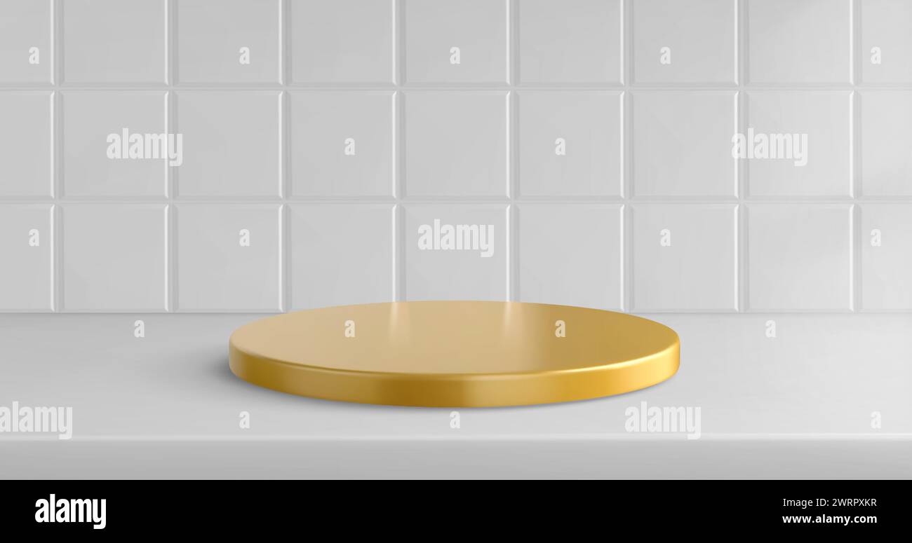 Kitchen or bathroom tile background and gold podium. 3d white shelf or ...