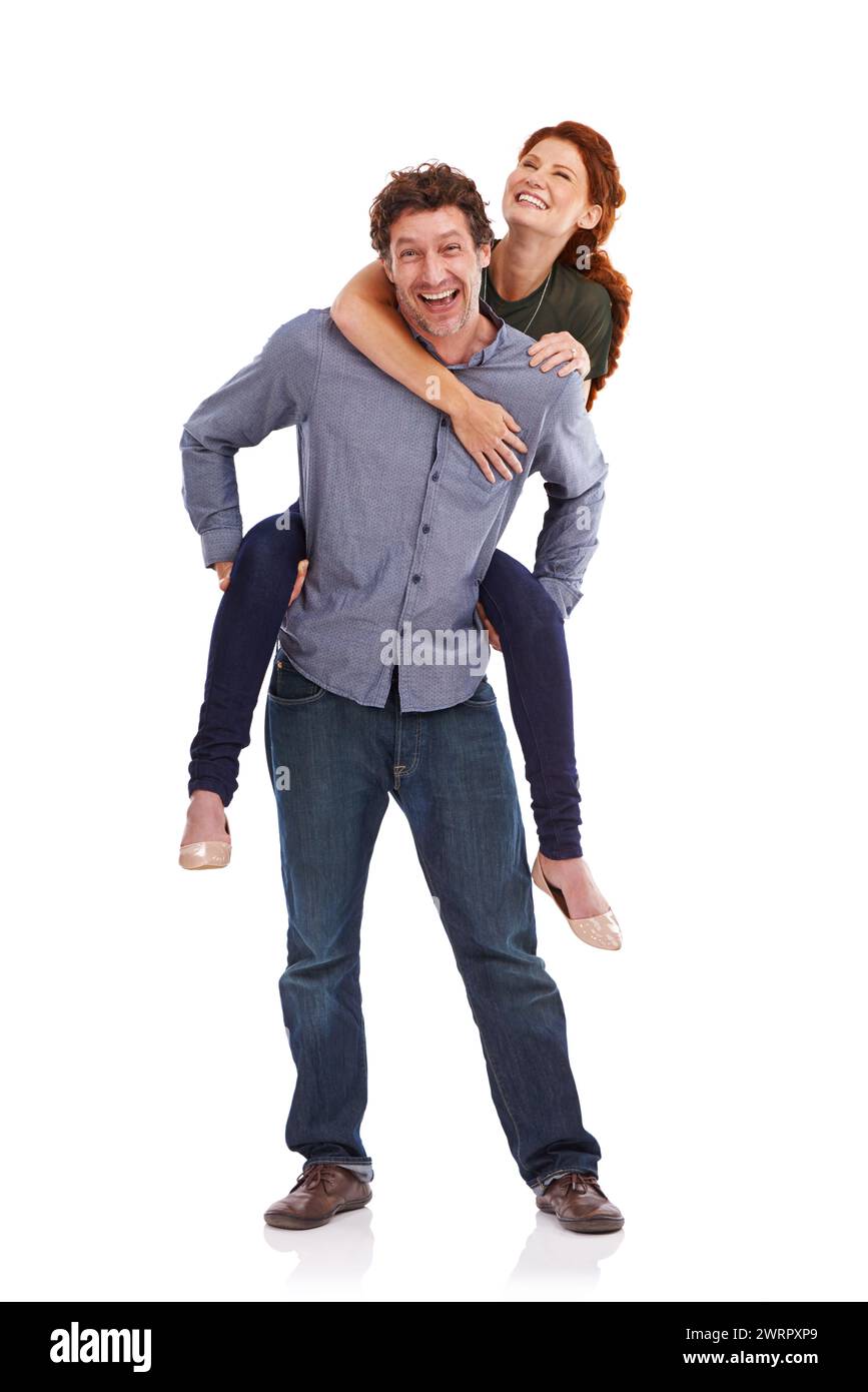 Piggy back, love and smile with couple, portrait and happiness isolated ...