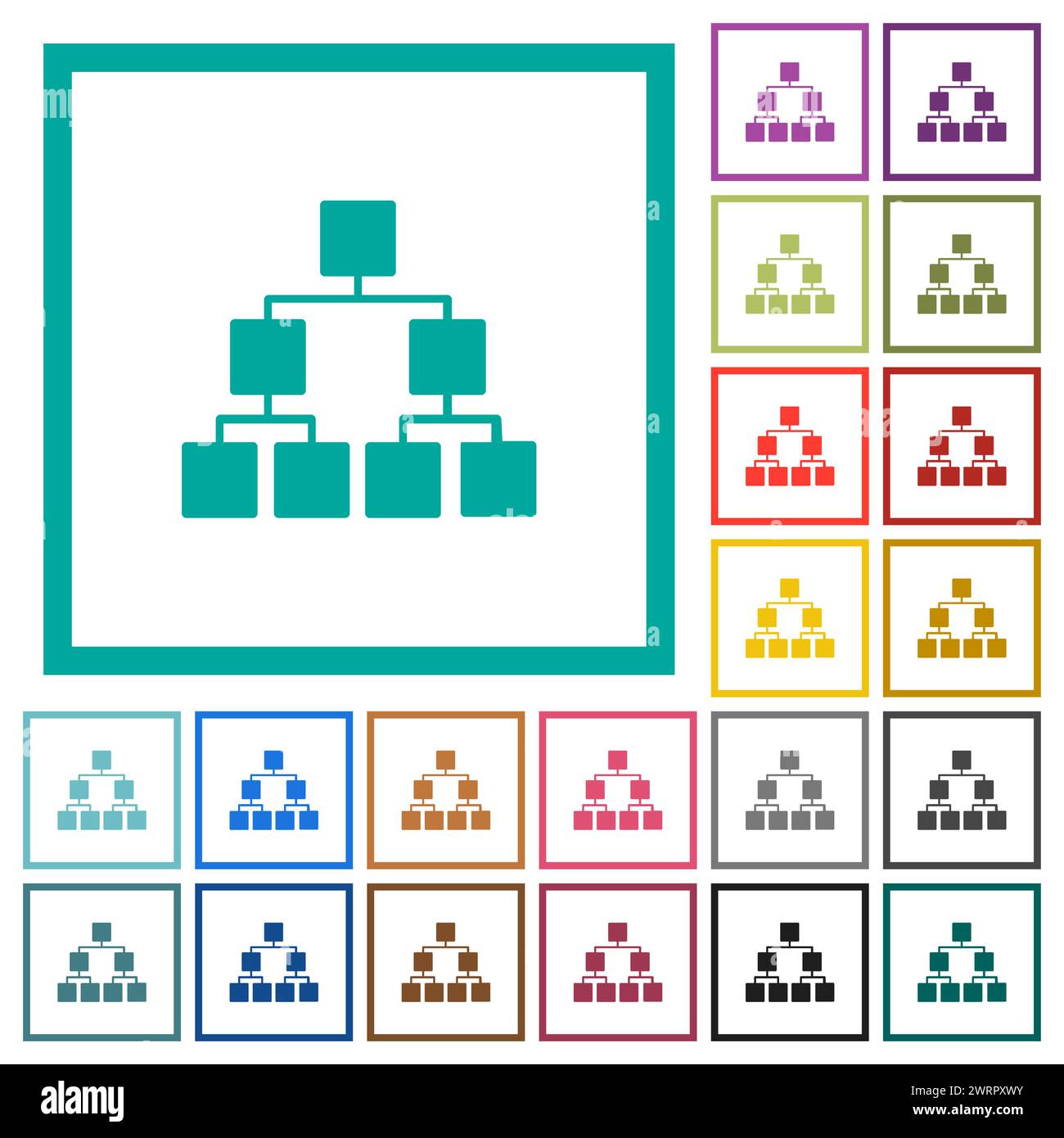 Organizational chart down solid flat color icons with quadrant frames ...