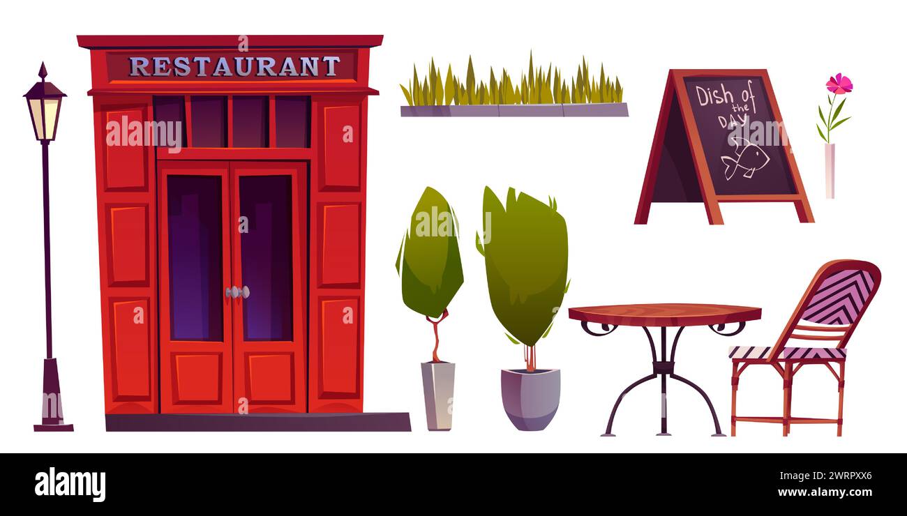 Cartoon restaurant exterior elements set. Cafe outside furniture ...