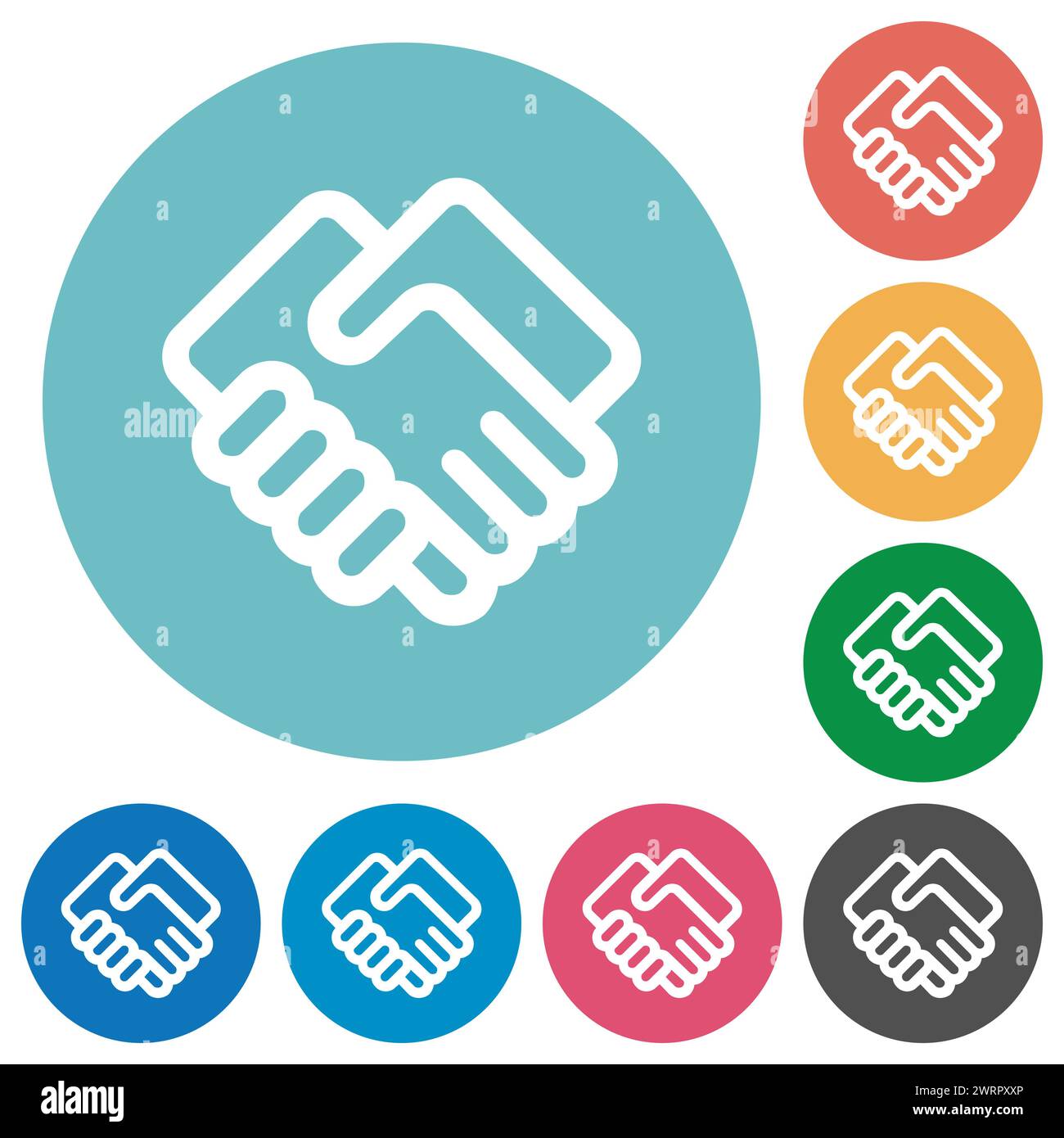 Handshake outline flat white icons on round color backgrounds Stock ...