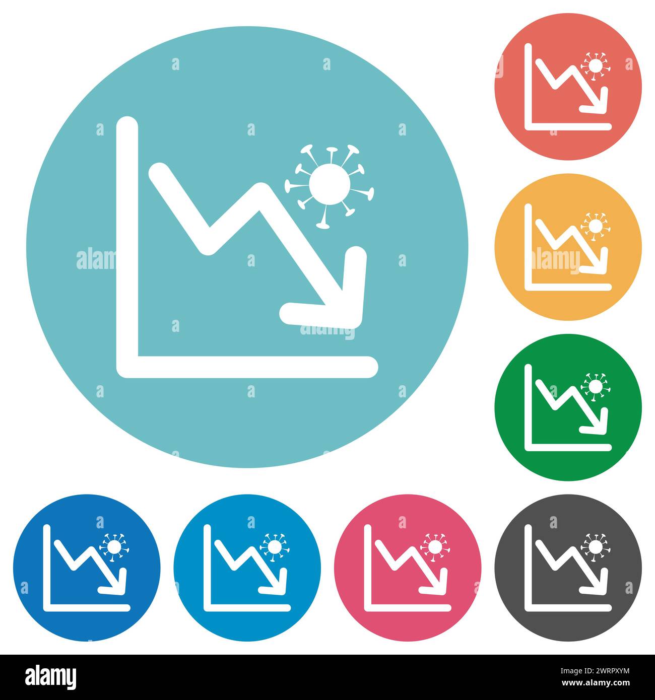 Falling covid graph flat white icons on round color backgrounds Stock ...