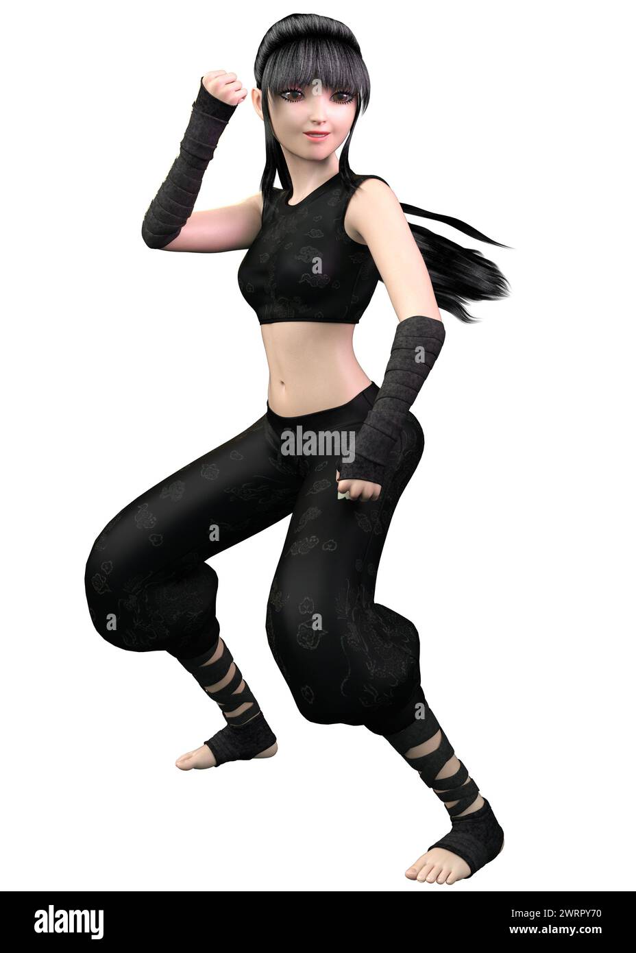 Anime girl ninja in black outfit, 3D Illustration Stock Photo - Alamy