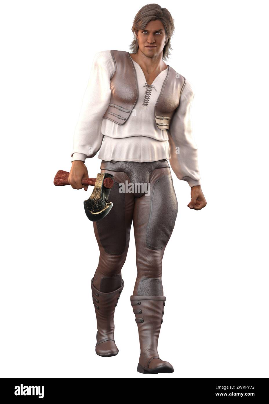 Man wears medieval lumberjack outfit with axe, 3D Illustration Stock ...