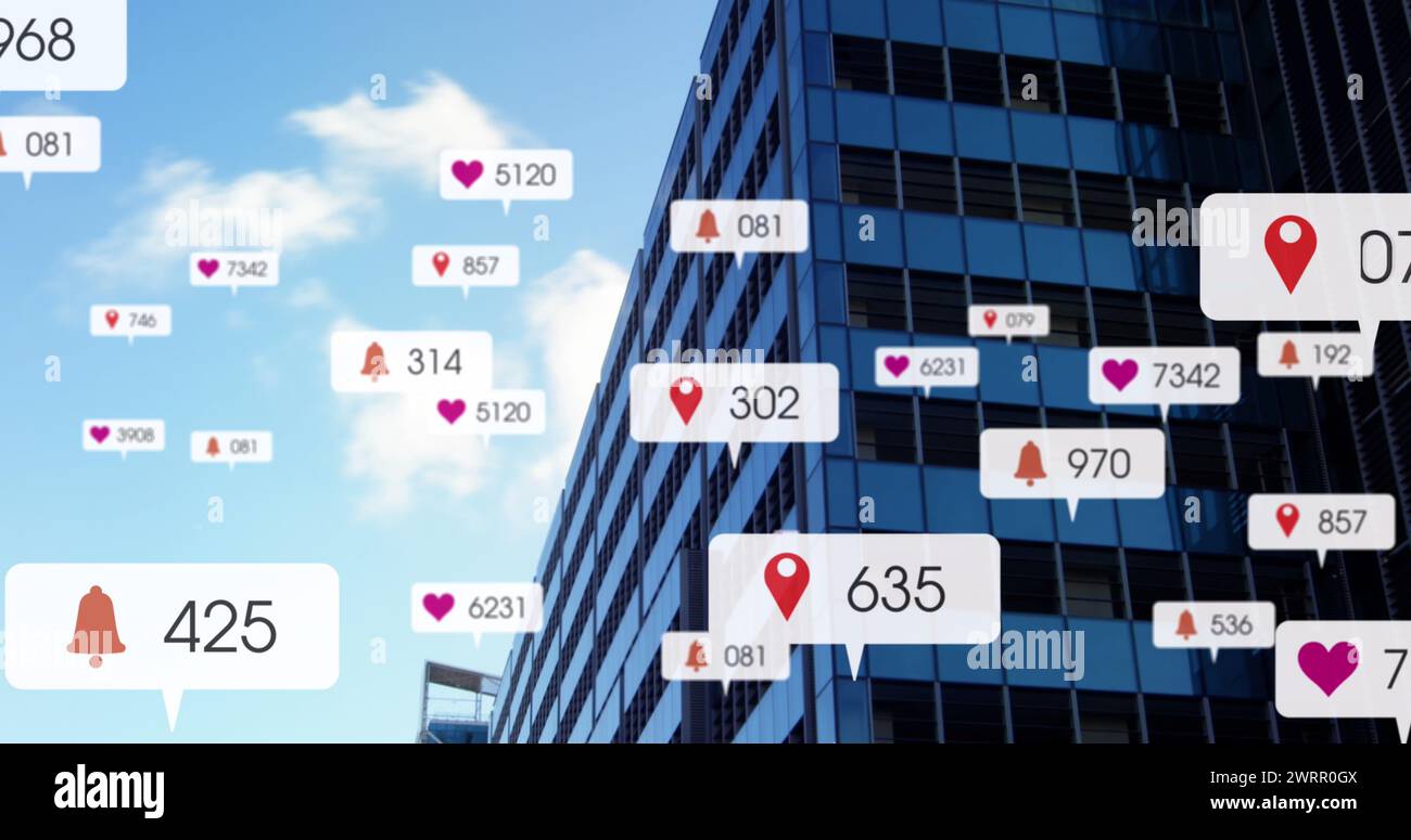 Image of social media data processing over cityscape Stock Photo - Alamy