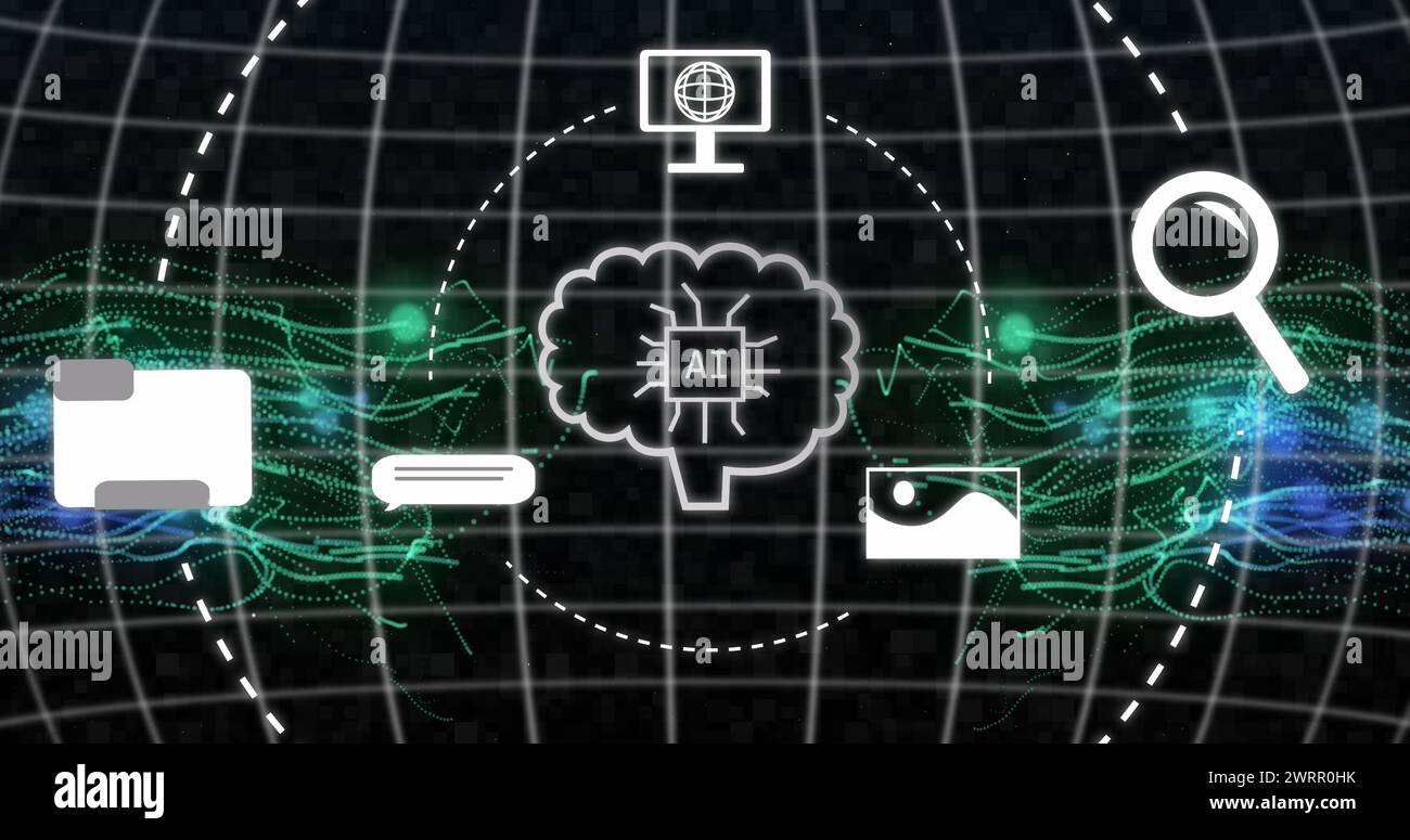 Image of ai chat and data processing over light trails and grid Stock ...