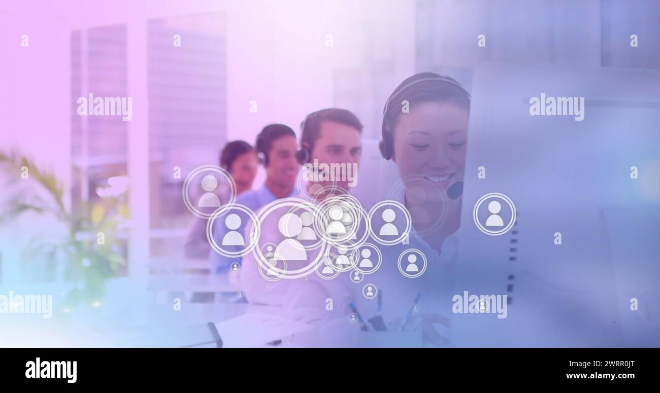 Image of network of digital people icons over team of colleagues with ...