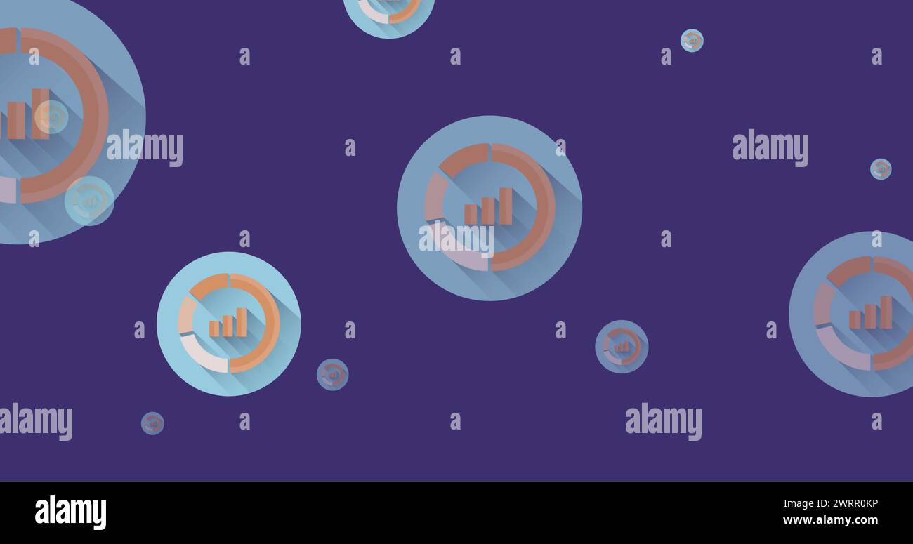Image of orange digital statistics icons flying up on purple background ...