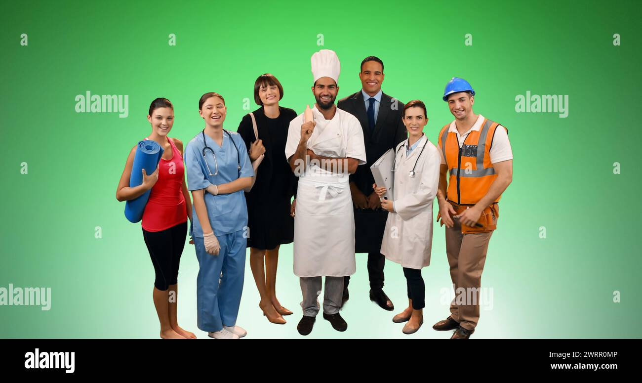 Image of group of professionals smiling over green background Stock ...