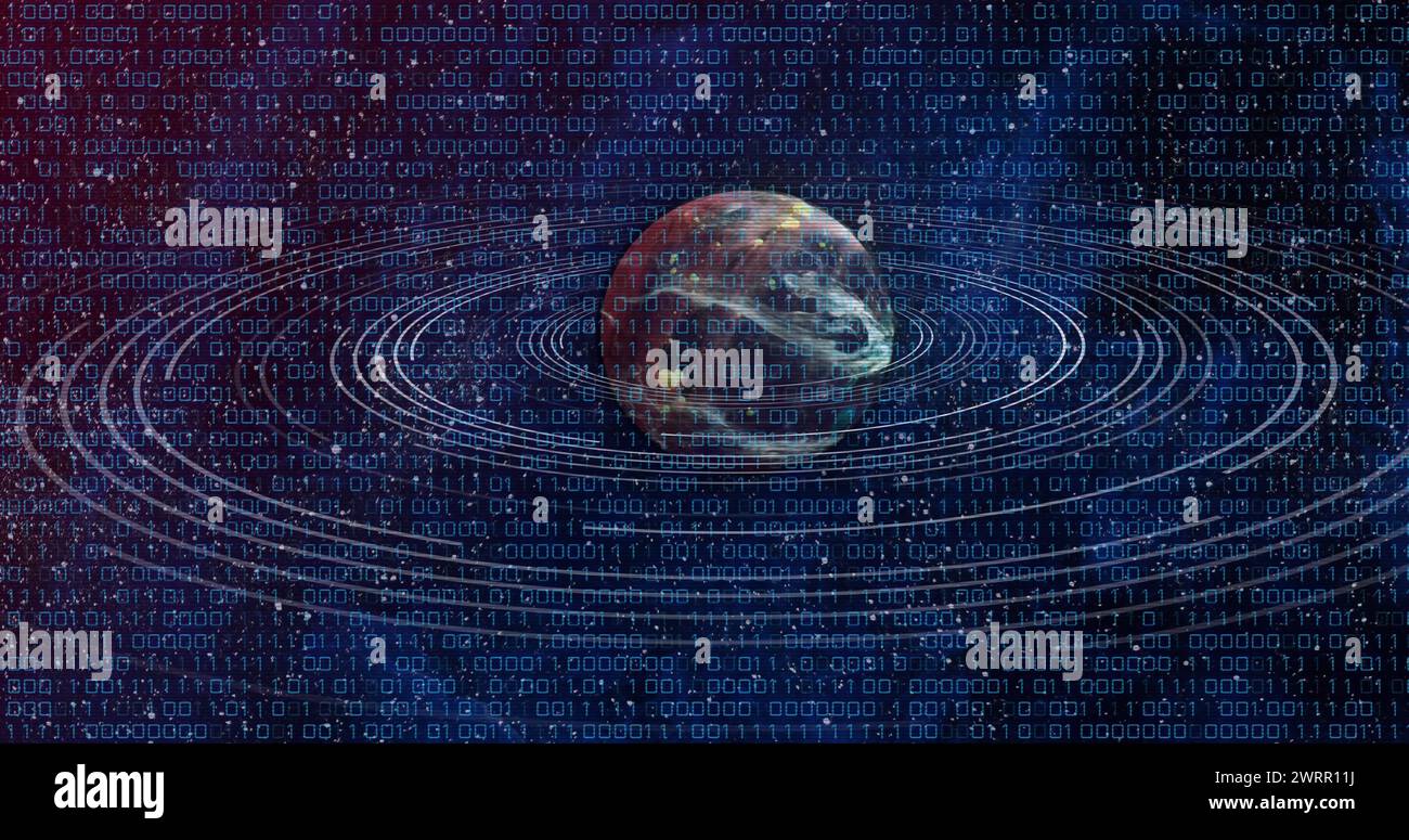 Image of navy planet in black space with binary code. Computers, data ...