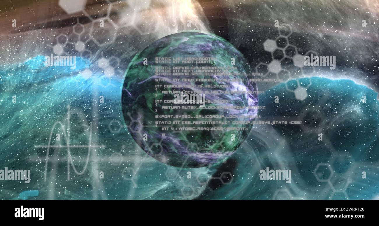 Image of chemical formulas over blue planet over night sky with moon ...