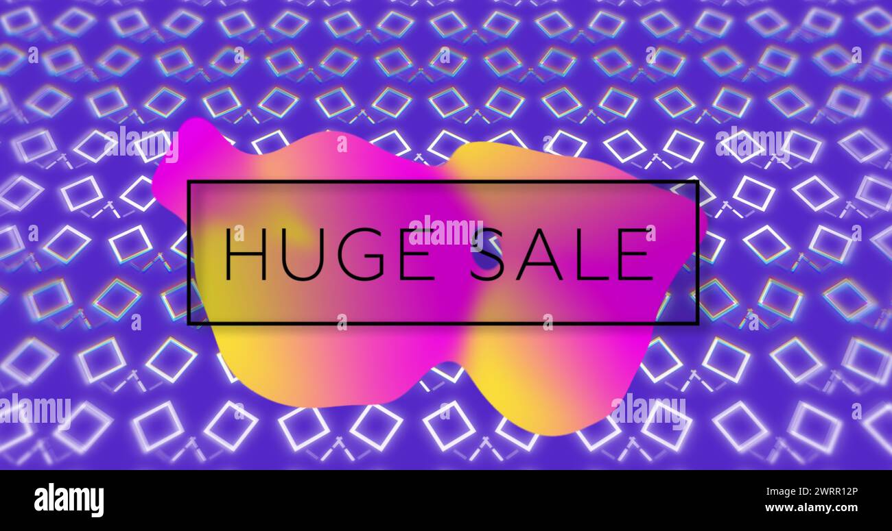 Image of huge sale over violet background with rotating white squares ...