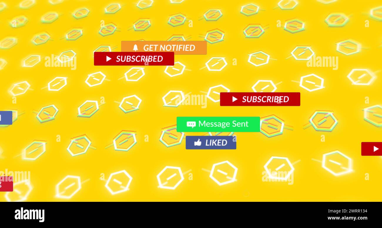 Image of subscribe moving over yellow background with rotating shapes ...