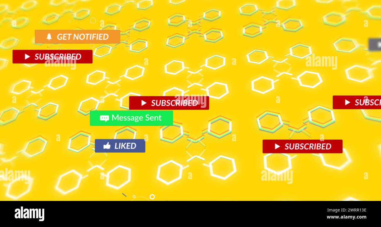 Image of subscribe moving over yellow background with rotating shapes ...