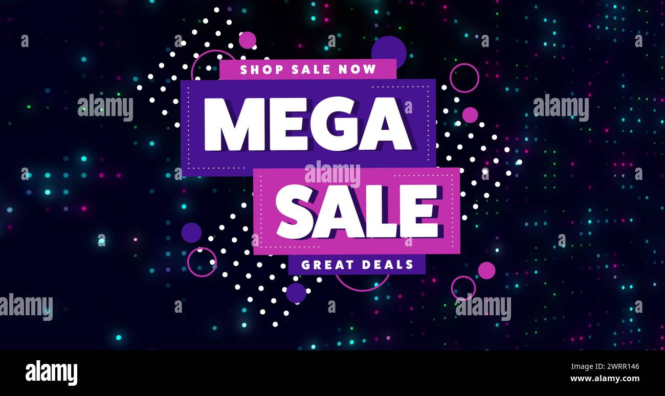 Image of mega sales over black background with pink, blue and green ...