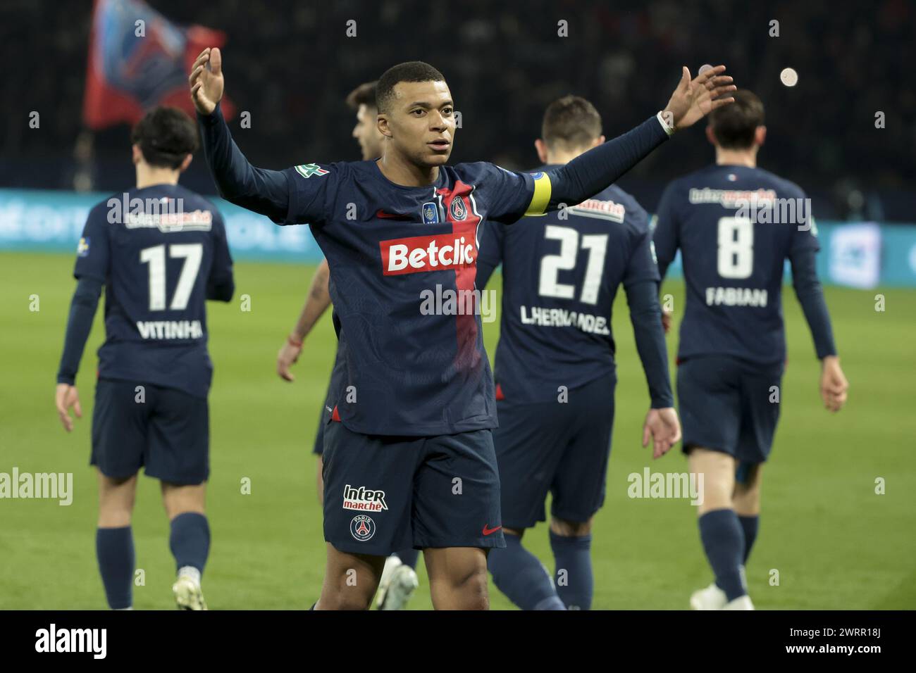 Kylian Mbappe of PSG celebrates his goal during the French Cup, Quarter ...