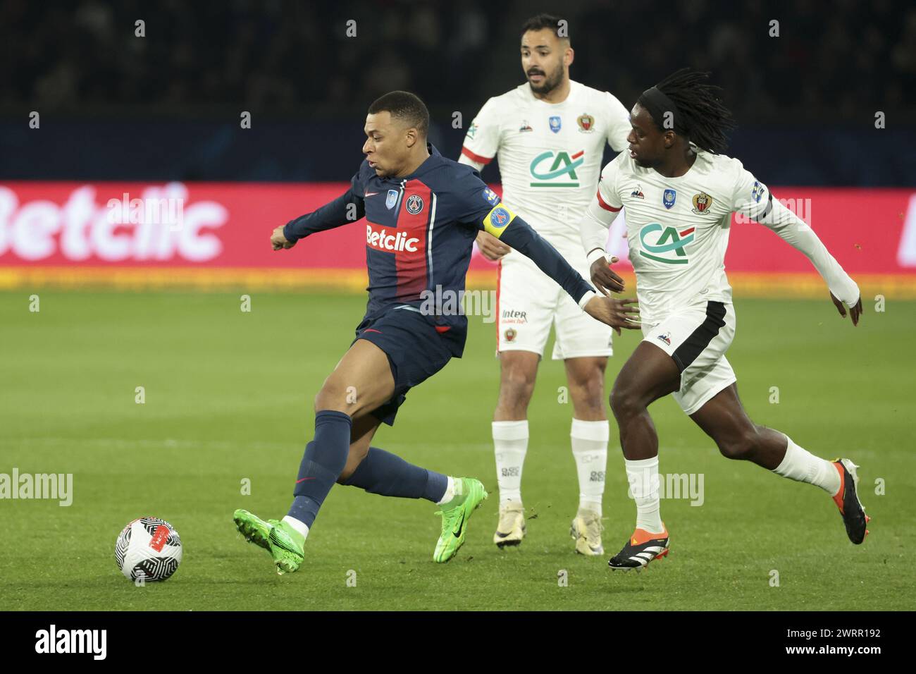 Kylian Mbappe of PSG, Jordan Lotomba of Nice during the French Cup ...
