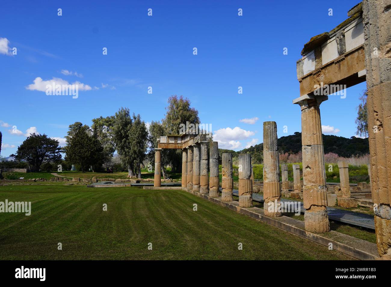 The ancient sanctuary of Artemis. Columns of the arcade or stoa before ...