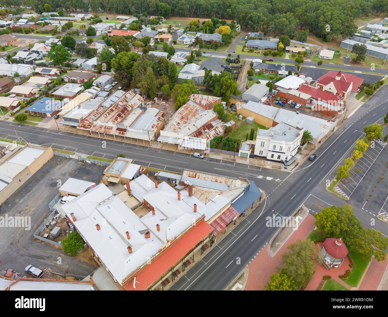 Aerial view over streets and buildings in a small rural town at Nhill ...