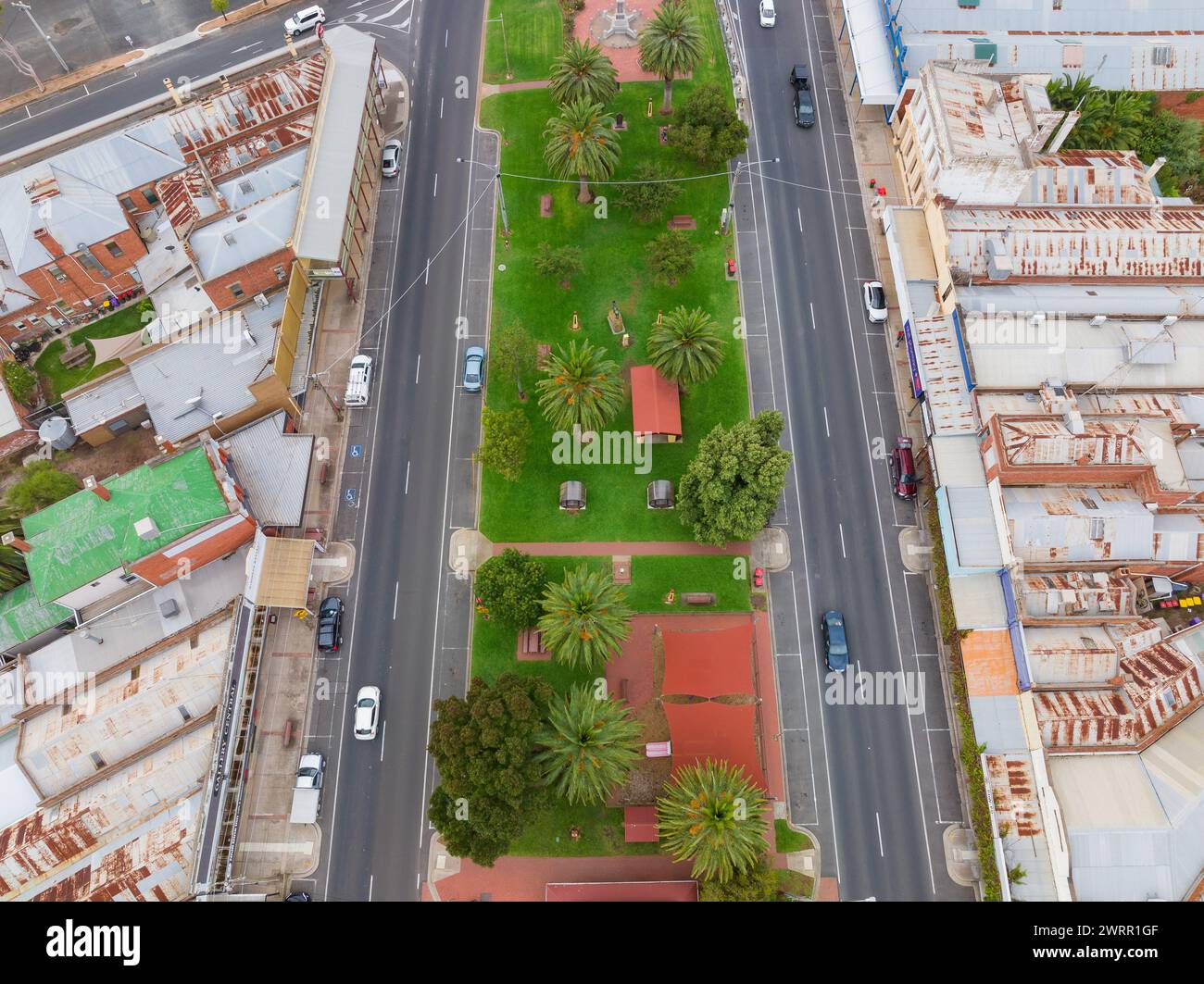 Aerial view over streets and buildings in a small rural town at Nhill ...