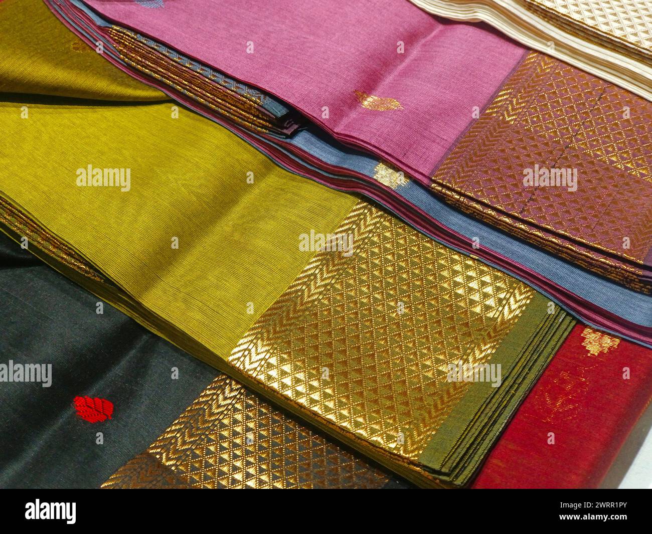 Close up of Colorful traditional Sari, saree displayed in India ...