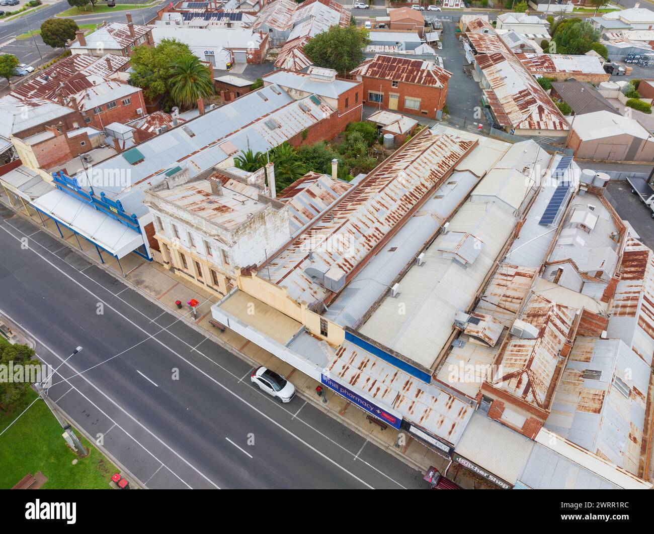 Aerial view over streets and buildings in a small rural town at Nhill ...