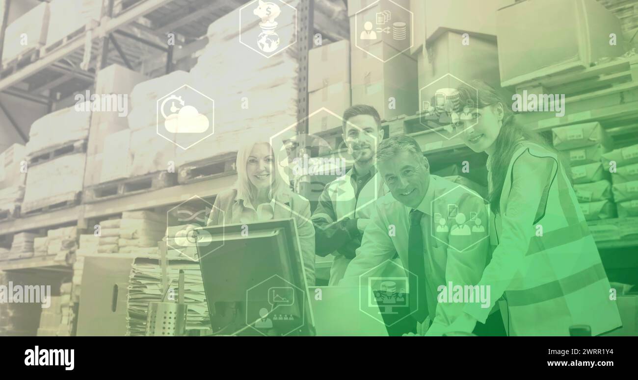 Network of digital icon against team of workers and supervisor working ...