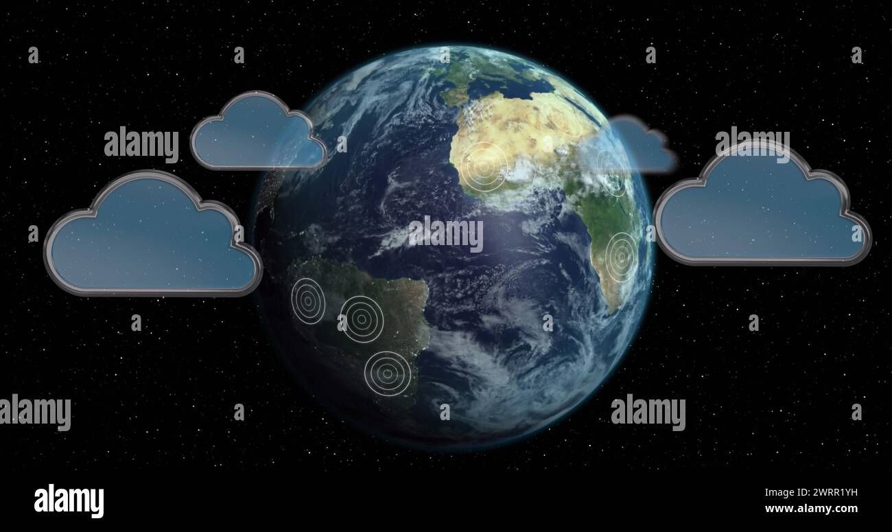 A digital illustration of Earth with cloud icons and weather symbols ...