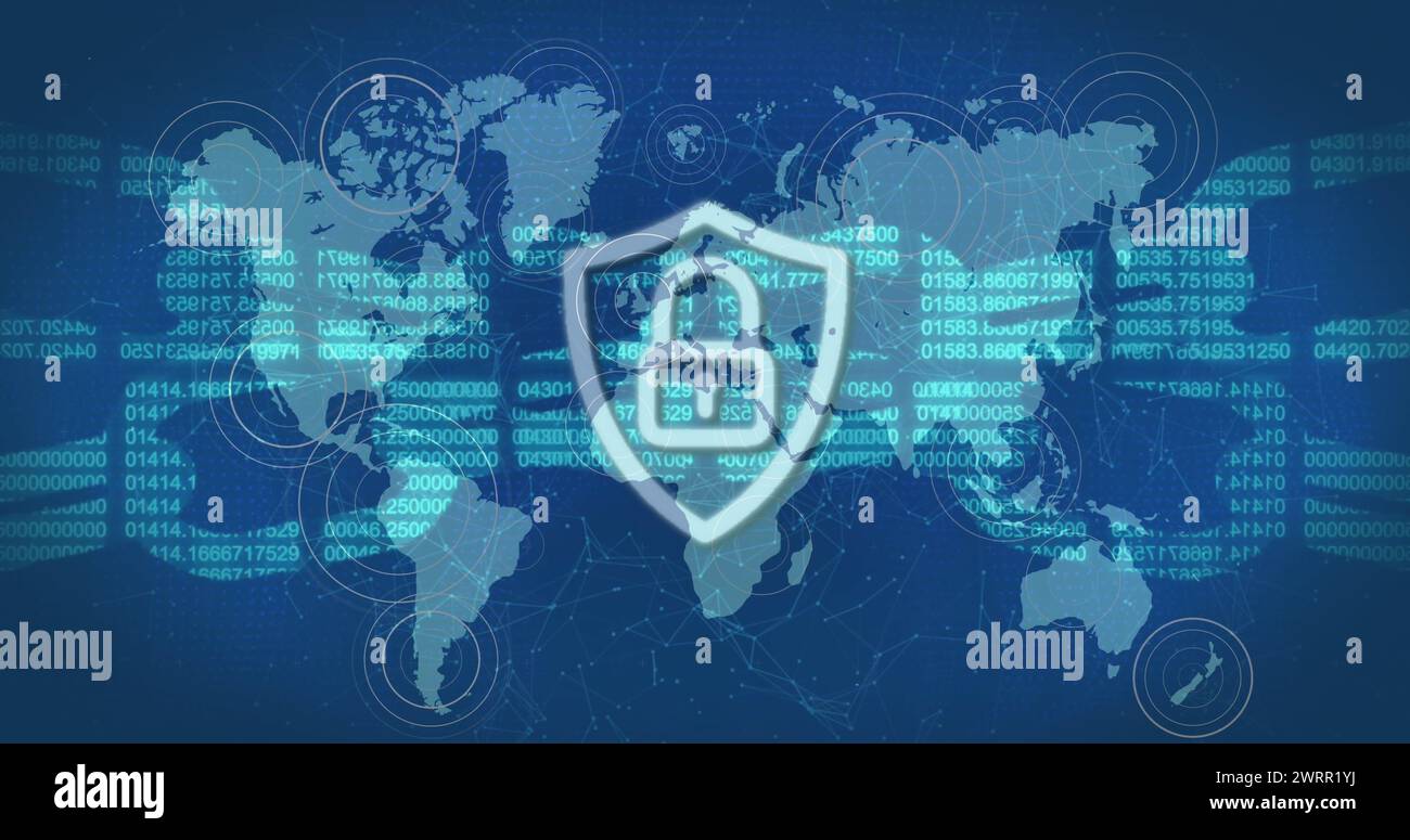 Cyber security padlock and chain against pulsating circles over world ...