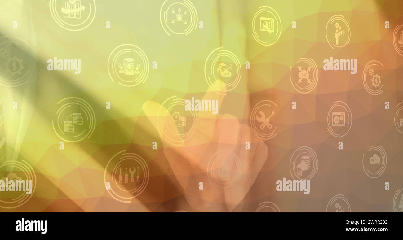 Multiple digital icons floating against hand touching invisible screen ...