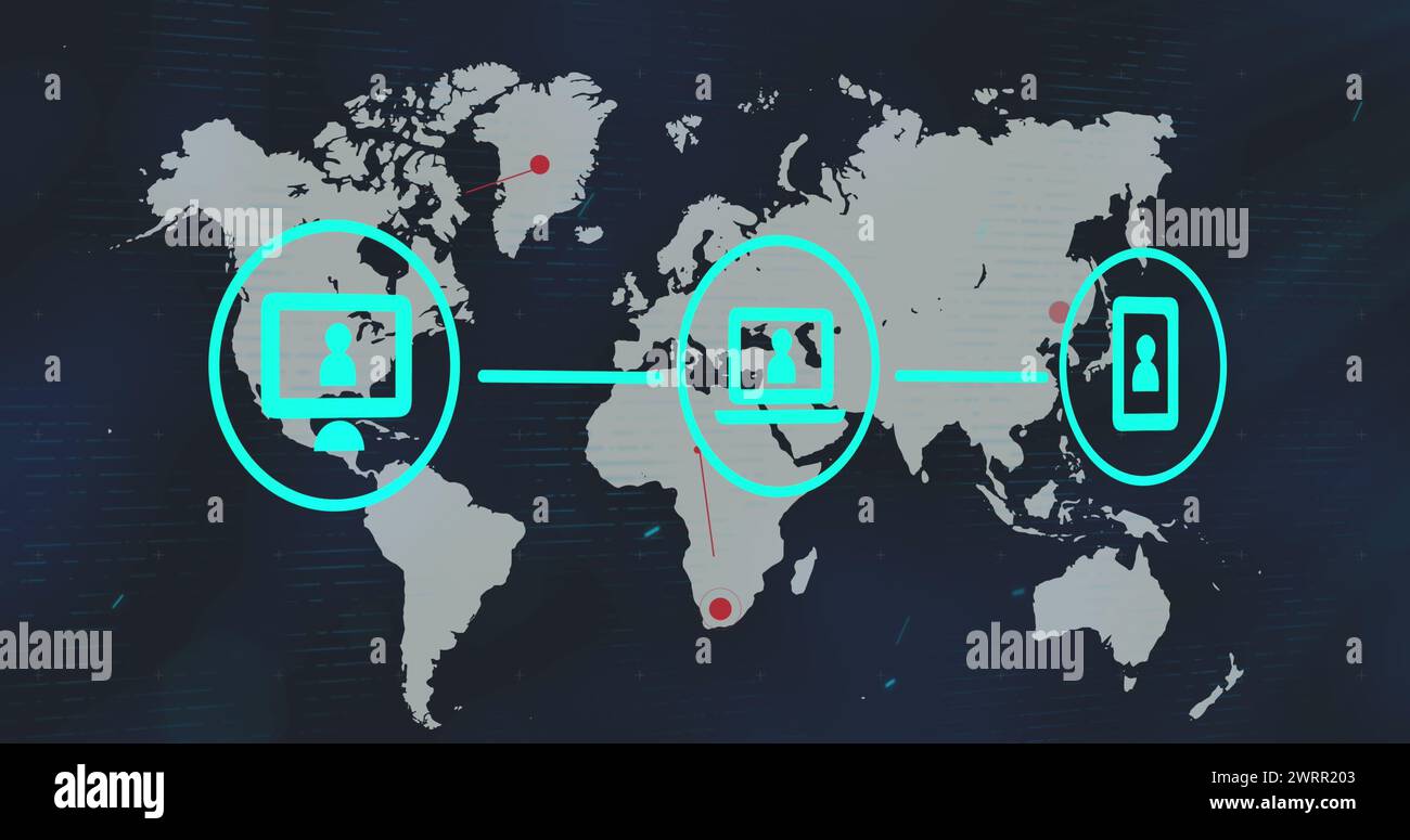 Network of digital icons over world map on blue background Stock Photo ...