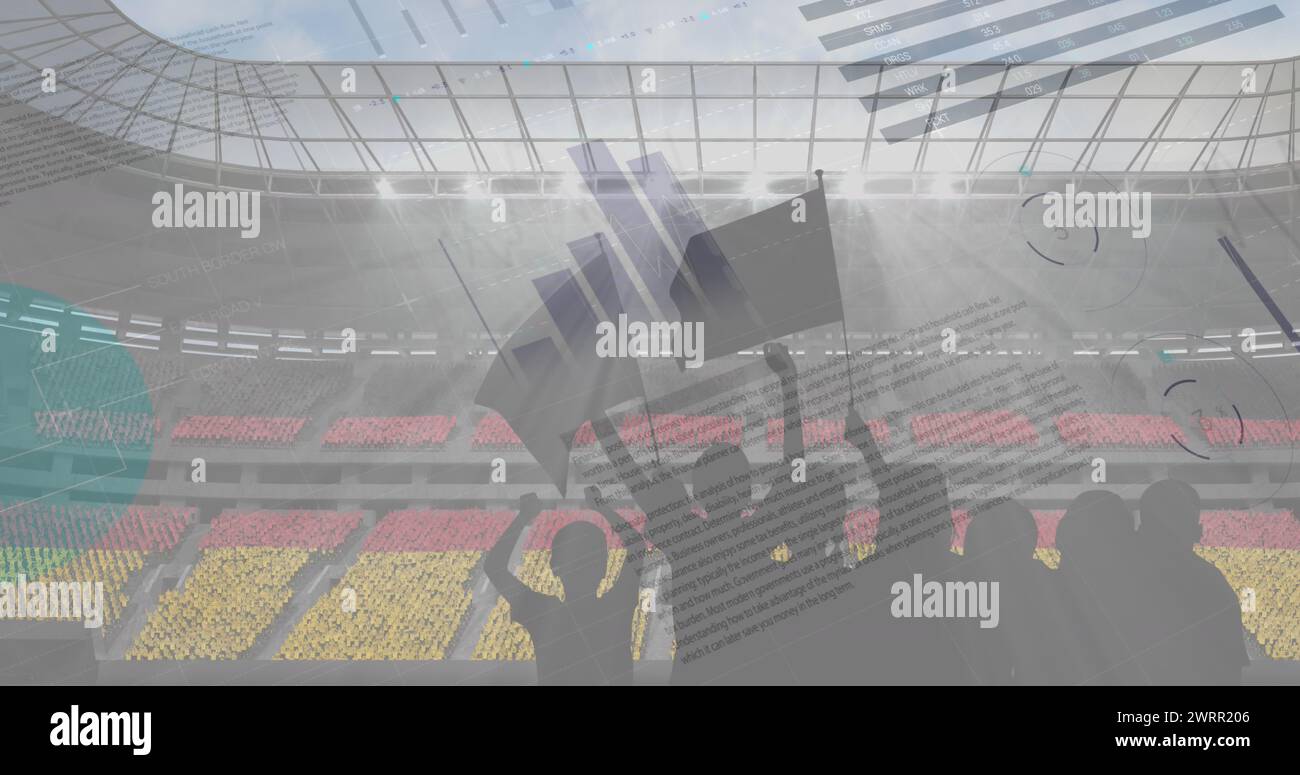 Statistical data processing against silhouette of fans cheering and ...