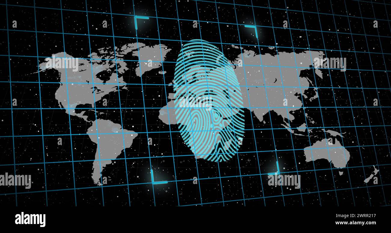 Security padlock icon and biometric fingerprint scanner over grid ...