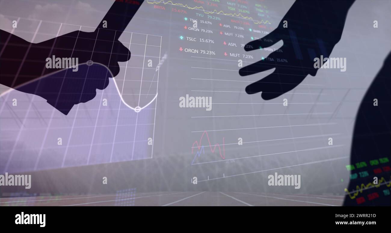 Stock market data processing against silhouette of hand passing a baton against sports field ...