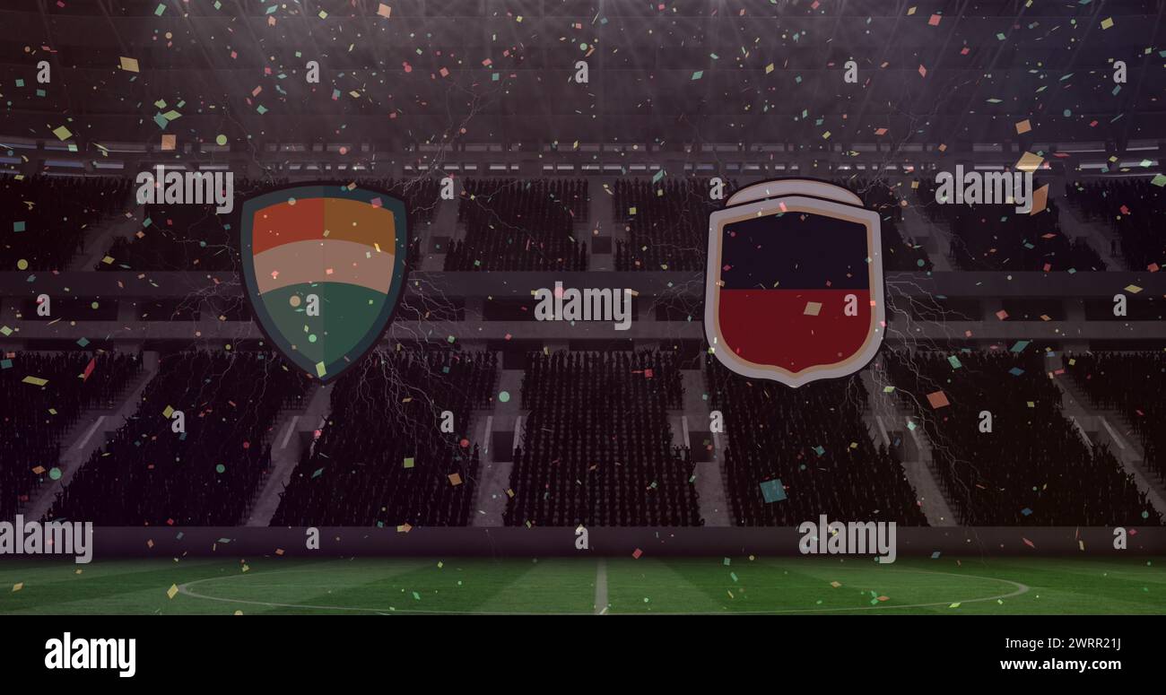 Colorful confetti falling over two badges of teams against sports ...