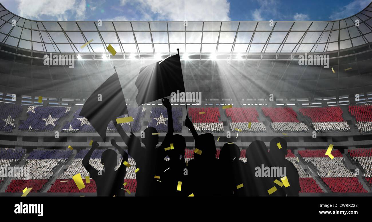 Golden confetti falling over silhouette of fans cheering and sports ...