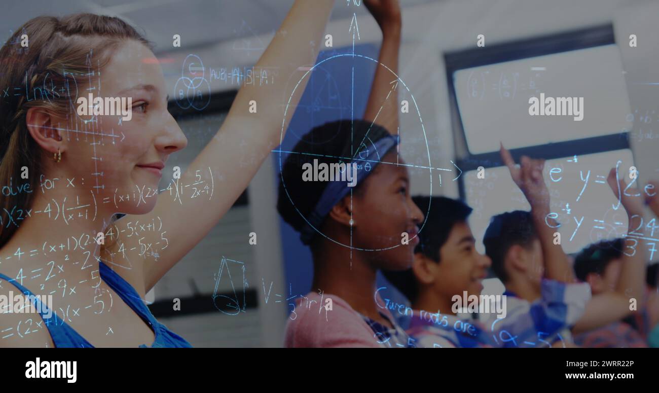 Image of mathematical equations over schoolchildren learning Stock ...