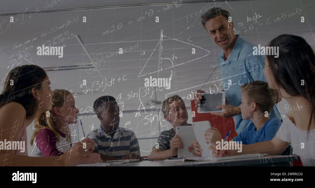 Image of mathematical equations over schoolchildren learning Stock ...
