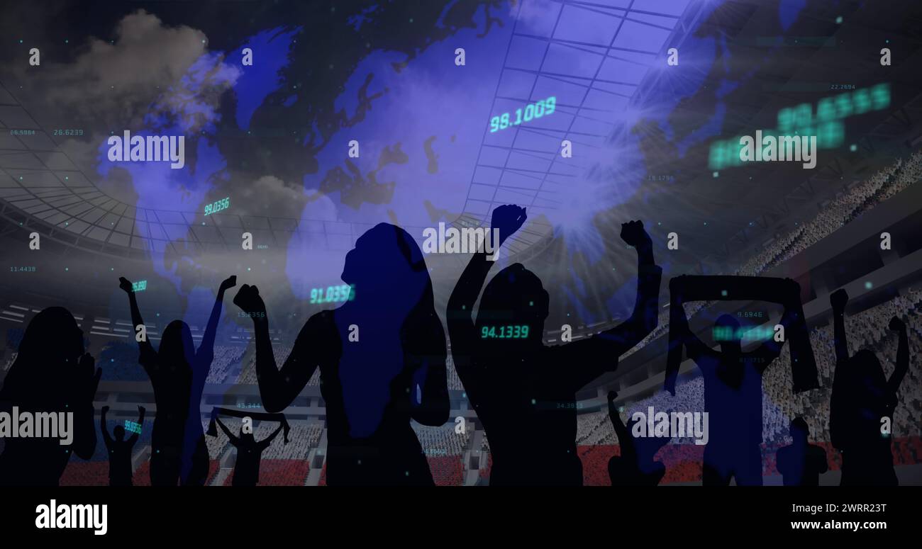 Multiple changing numbers over world map over silhouette of fans ... Multiple changing numbers over world map over silhouette of fans ...