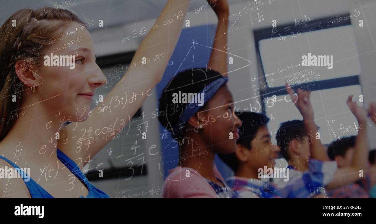 Image of mathematical equations over schoolchildren learning Stock ...